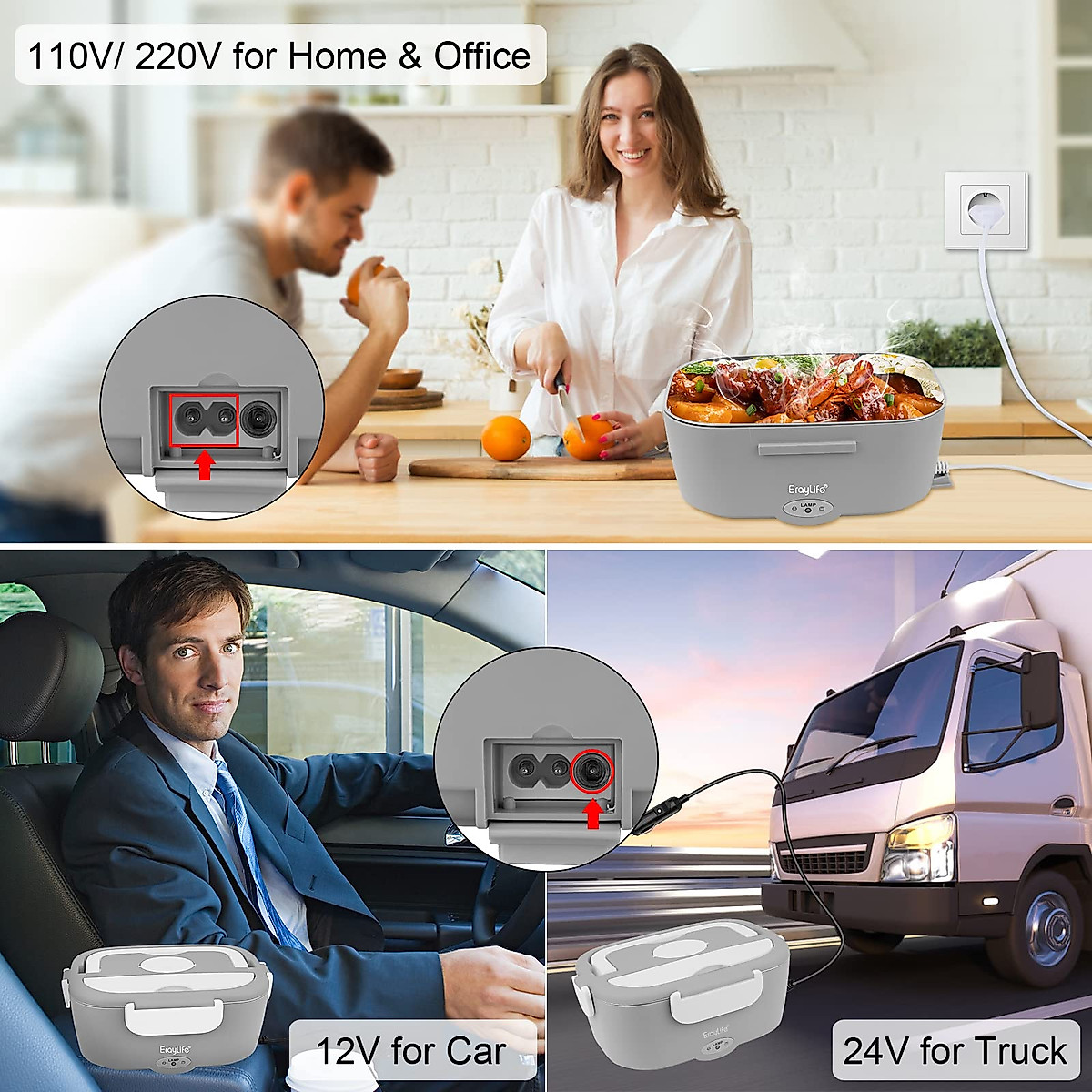 ErayLife Electric Lunch Box Food Heater 75W, Heated Lunch Box for Adults 12V/24V/110V for Car Truck Work, Upgraded Leak Proof Portable Food Warmer Heating Lunch Box 1.5L Stainless Steel Container