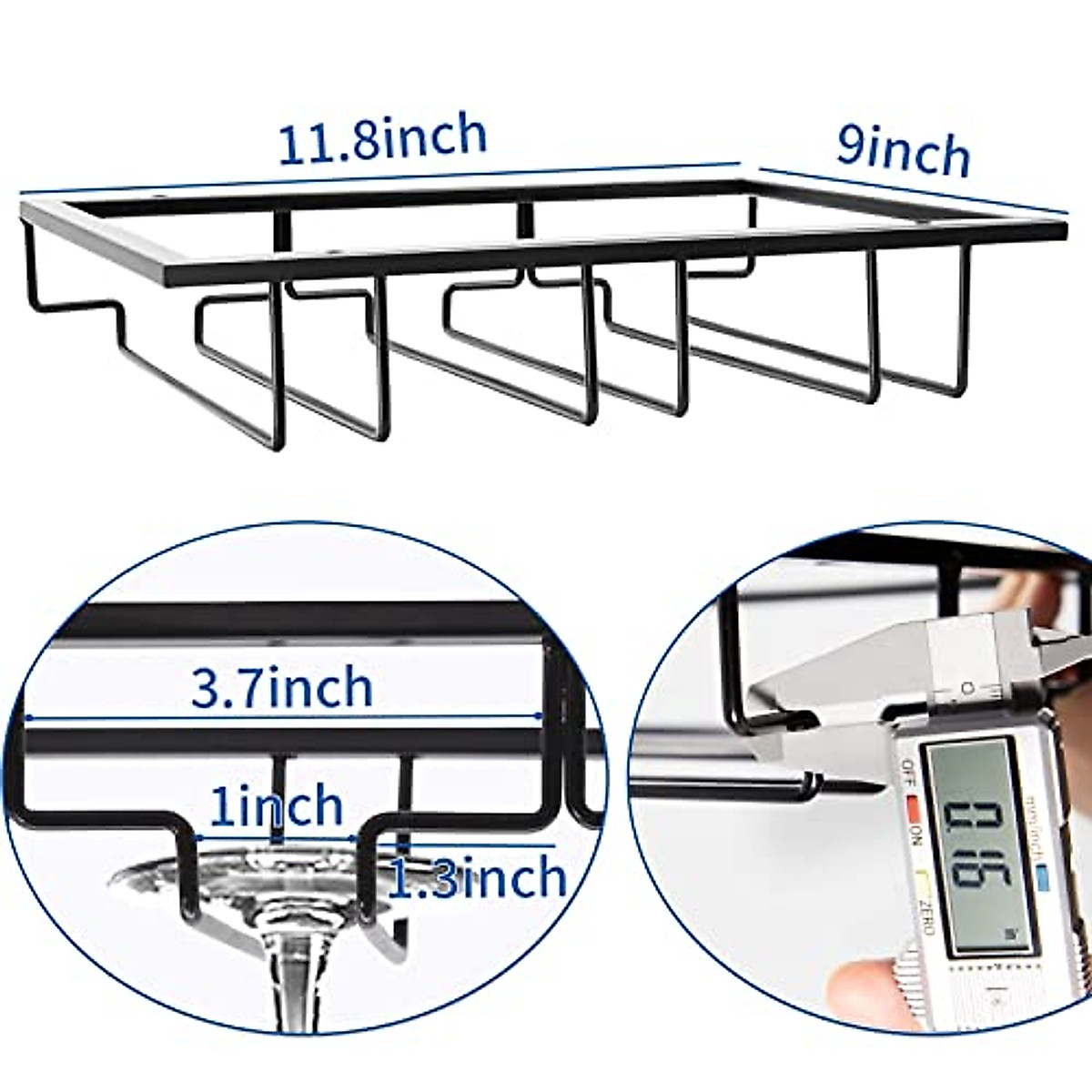 Torfican Wine Glass Holder Under Cabinet, Wine Stemware Holder,Wine Glass Rack,3 Rows Black Metal Wine Glasses Hanger,Wine Glass Holder Storage Under Shelf,Wine Glass Rack for Kitchen Bar