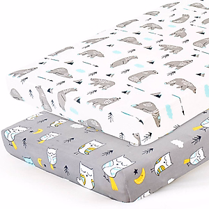 Pack n Play Sheets, BROLEX 2 Pack Mini Crib Sheets,Stretchy Portable Fitted Playard Sheet Set, Convertible Playard Mattress Cover,Ultra Soft Breathable Material,Owl & Bear