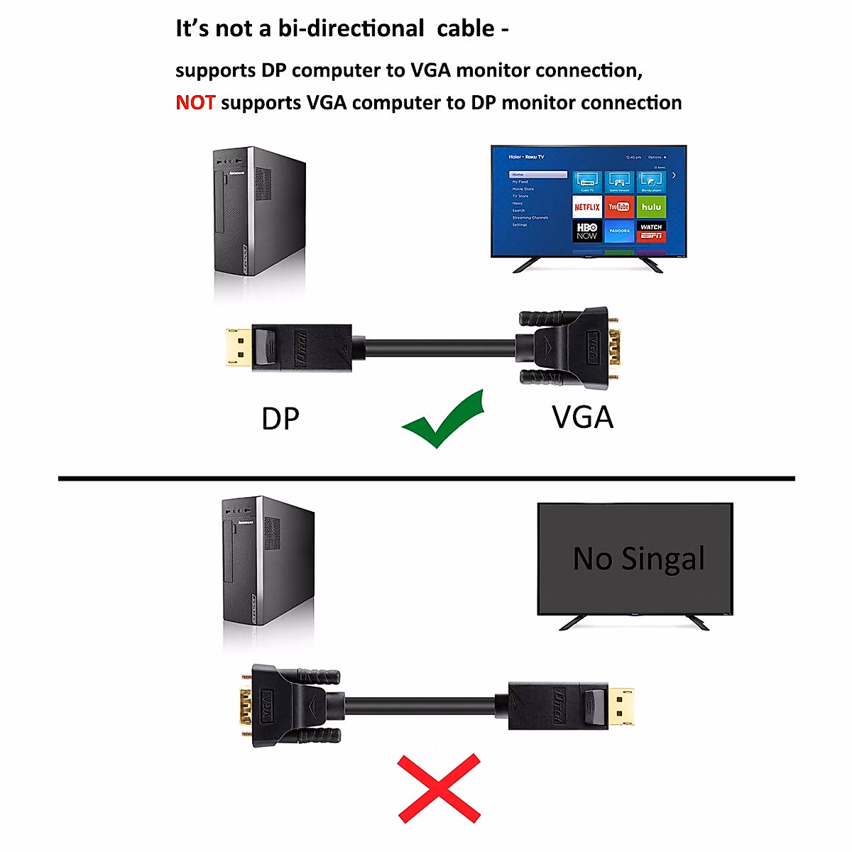 DTech 3ft Displayport to VGA Cable Display Port to VGA Male Video Adapter with Gold Plated Connector Compatible for HP, Lenovo, Dell, ASUS and More (Black, 3 Feet)