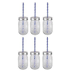 Sunshine Mason Co. Glass Mason Jar Set with Silver Lids and Blue Stripe Straws, Set of 6