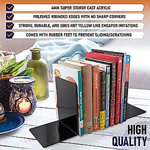 Acrylic Bookends, 2 Pairs of Clear Invisible Book Ends for Shelves, 4mm Heavy Duty Non Skid Book Holders for Books, Movies, DVDs, CDs, Video Games. Book Stopper for Home, Office, Library (Black)