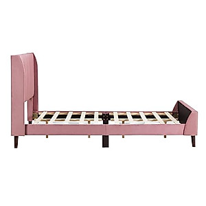 HBRR Twin Size Bed Frame Velvet Upholstered Platform Bed with Headboard and Strong Wooden Slats, Mattress Foundation, No Box Spring Needed, Easy Assembly, Pink