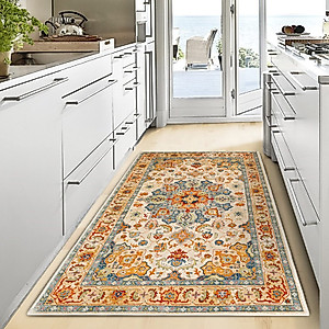 COMSLE Boho Area Rug, 4' x 6' Machine Washable Rugs for Entryway Faux Wool Large Rugs Distressed Throw Rug Non-Slip Floor Carpet for Indoor Bedroom Kitchen Living Room