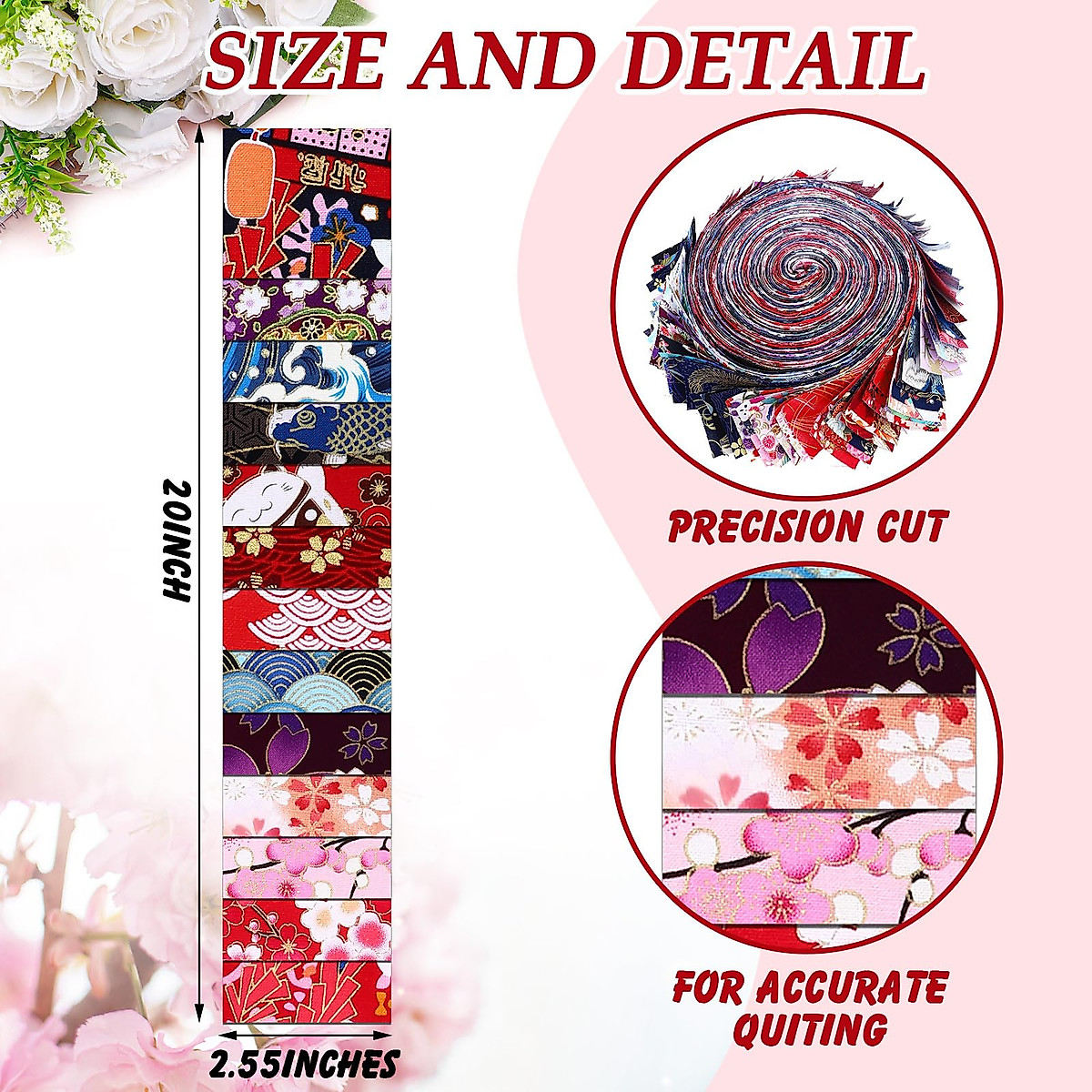 Ganeen 100 Pcs Cotton Fabric Patchwork Quilting Strips 2.56 Inch Precut Patchwork Roll Japanese Style Cotton Fabric Quilting Fabric Strips Craft for DIY Craft Sewing (Aesthetic)