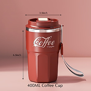 Colawind 13oz Travel Mug, Reusable Coffee Cups with Flip Top Lids, Stainless Steel Coffee Tumbler with Rope, 400ml Drink Cup for Iced Tea, Coffee, Water