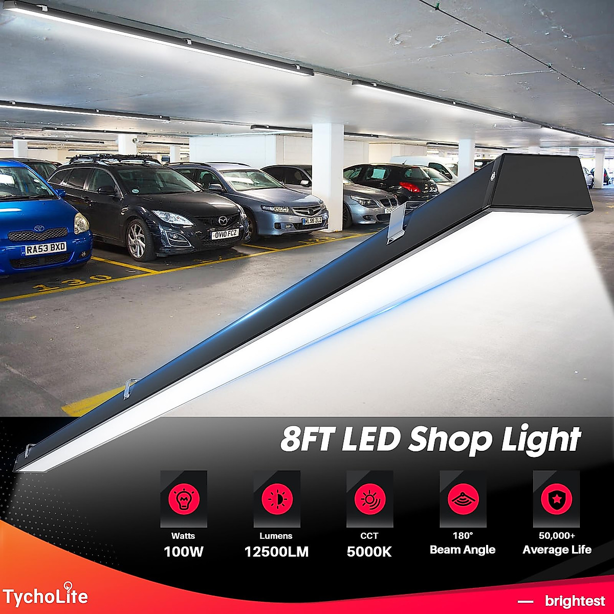 TychoLite 8FT LED Shop Light, 100W 12500lm, 5000K Daylight, Compact Black 8 Foot Commercial Lighting Fixtures for Workshops, Garage, Office, Surface/Suspension Mount, with 5FT Cord Switch, 8 Pack