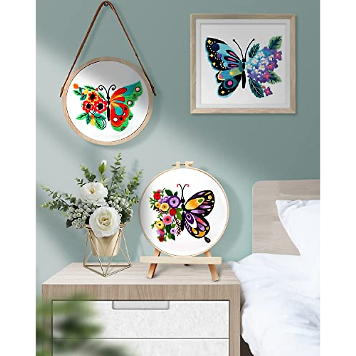 Butterfly Flower Embroidery Stitch Practice kit, 3 Sets Beginners Embroidery Kit for Beginners Include Embroidery Cloth Hoops Threads for Craft Lover Hand Stitch with Embroidery Skill Techniques