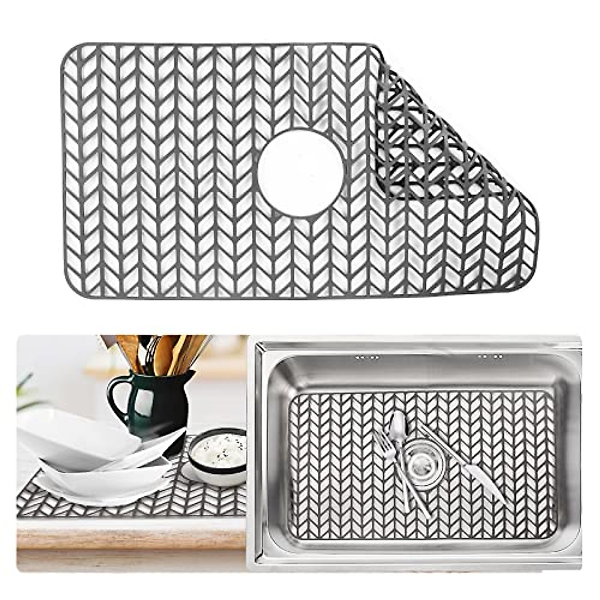 Kitchen Sink Mat, 26''x14'' Silicone Sink Protectors Mats for Bottom of Kitchen Sink, Non-slip Heat Resistant Sink Liners for Farmhouse Stainless Steel Sink Rubber Sink Mat（For Center Drain Hole Sink）