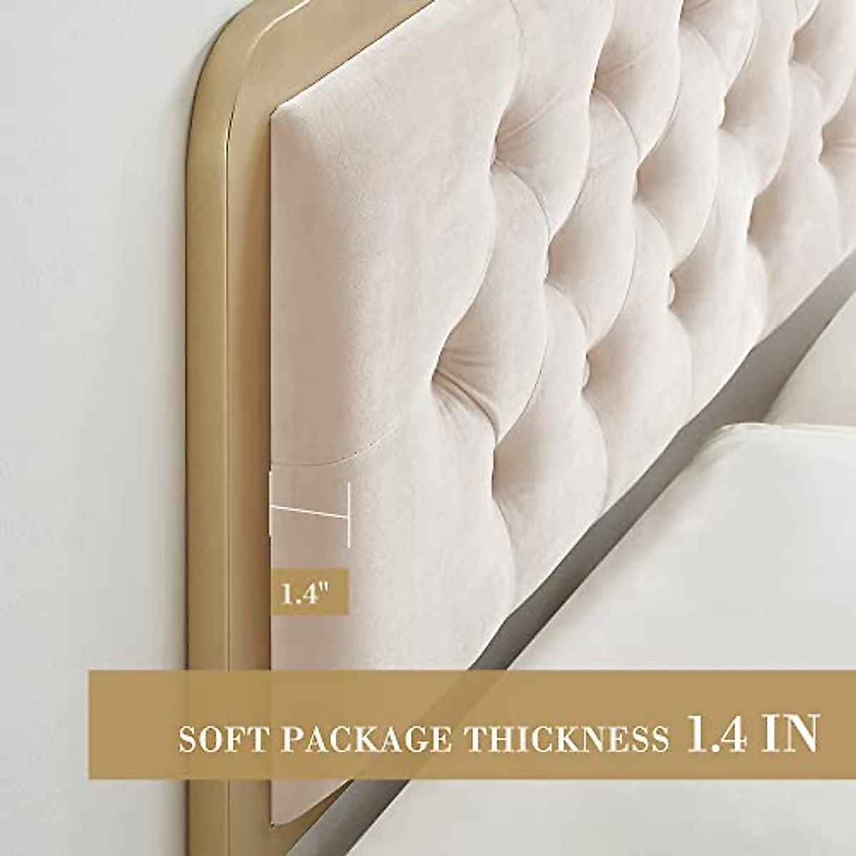 Amyove Golden Queen Size Bed Frame,Upholstered Bed Frame with Button Tufted Headboard,Heavy Duty Metal Easy Assembly,No Box Spring Needed (Beige, Queen)