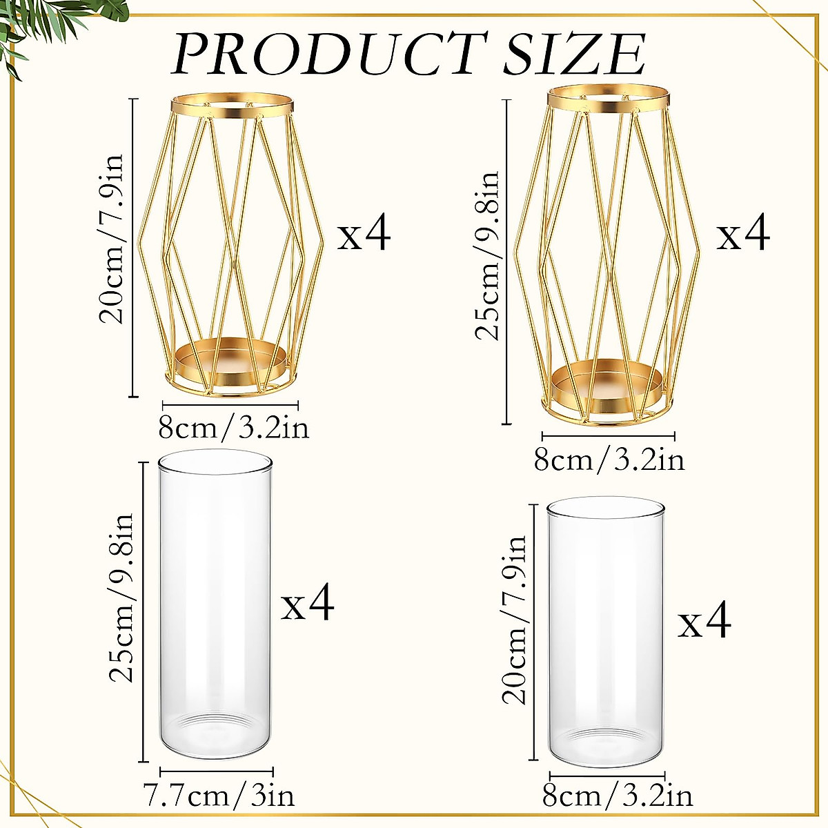 Lallisa 8 Pcs Gold Flower Vase Glass Vase Metal Geometric Vase Geometric Centerpiece with Glass Tall Geometric Candleholders for Candle Rose Table Wedding Living Room Decorations, 9.45 Inch, 7.87 Inch