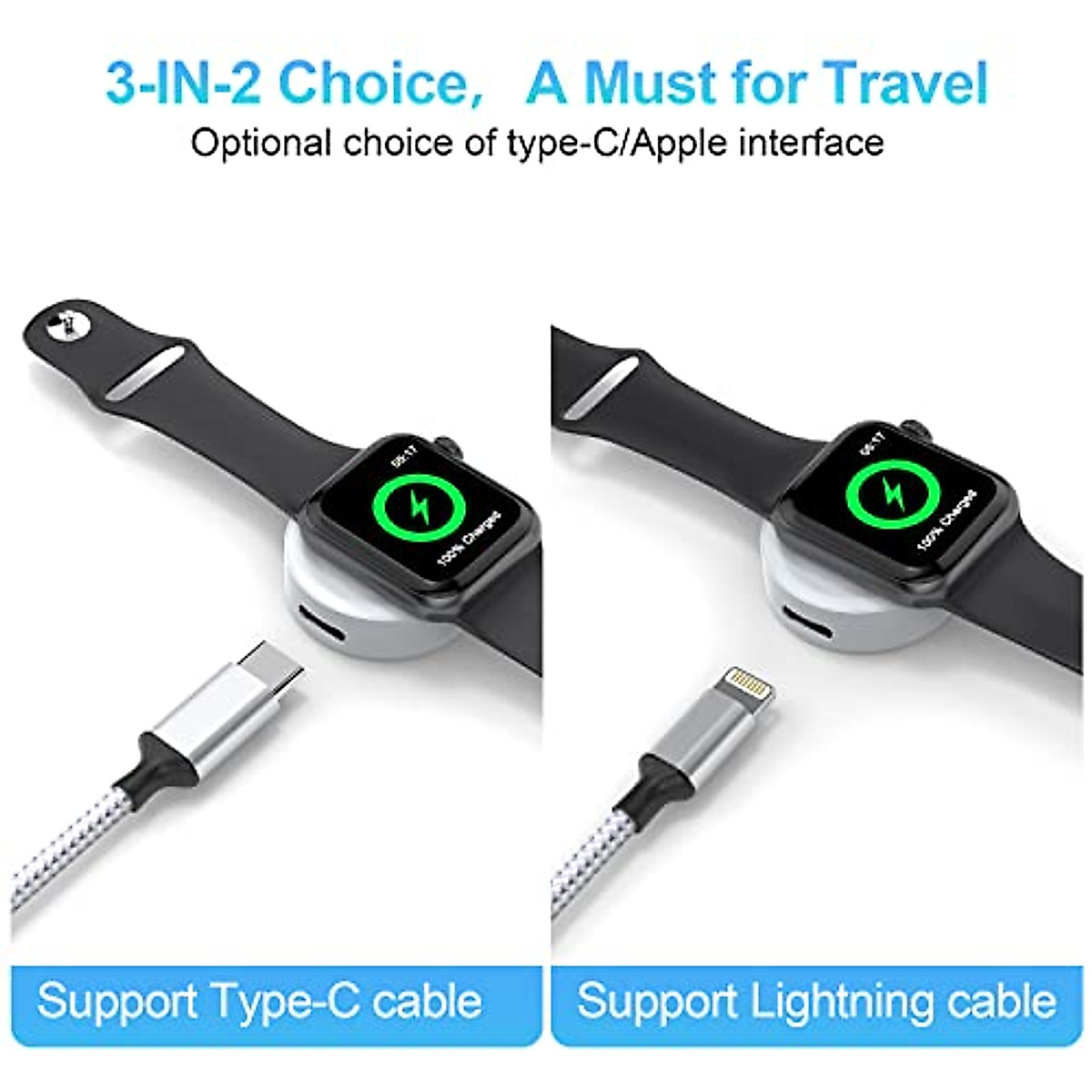 5 in 1 Smart Watch Charger Cable 6FT Magnetic iWatch Charger Multi Charging Cable with Lightning*2+Type C Nylon Braided iPhone Charger for Apple Watch Series 7/6/5/4/3/2/1/SE/iPhone/iPad/Samsung/Andr