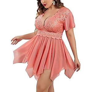 Avidlove Womens Plus Size Babydoll Floral Sexy Lace Teddy Lingerie Deep V Nighty Mesh Sleepwear Rose Pink