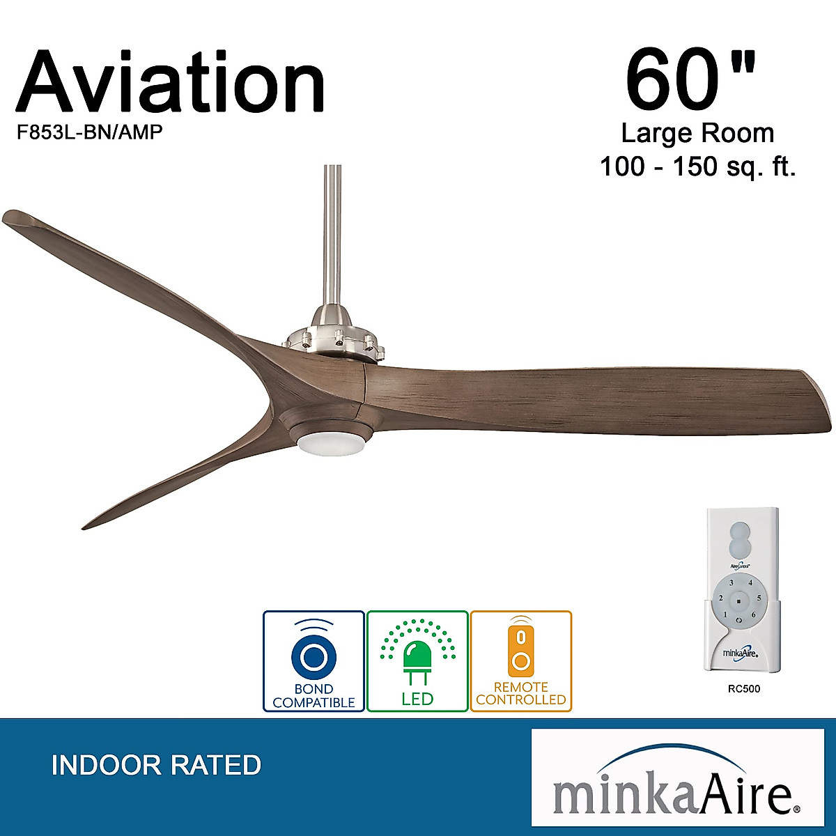 MINKA-AIRE F853L-BN/AMP Aviation 60 Inch Ceiling Fan with LED Light and DC Motor in Brushed Nickel Finish and Ash Maple Blades