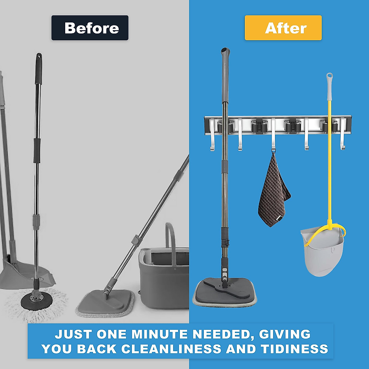 GARLWOLEX Broom Holder Wall Mount,Broom Holder for Garage Organization, Garden Tool Organizer 4 Racks with 5 Hooks, Broom Rack for Rakes, Shovels with Screws