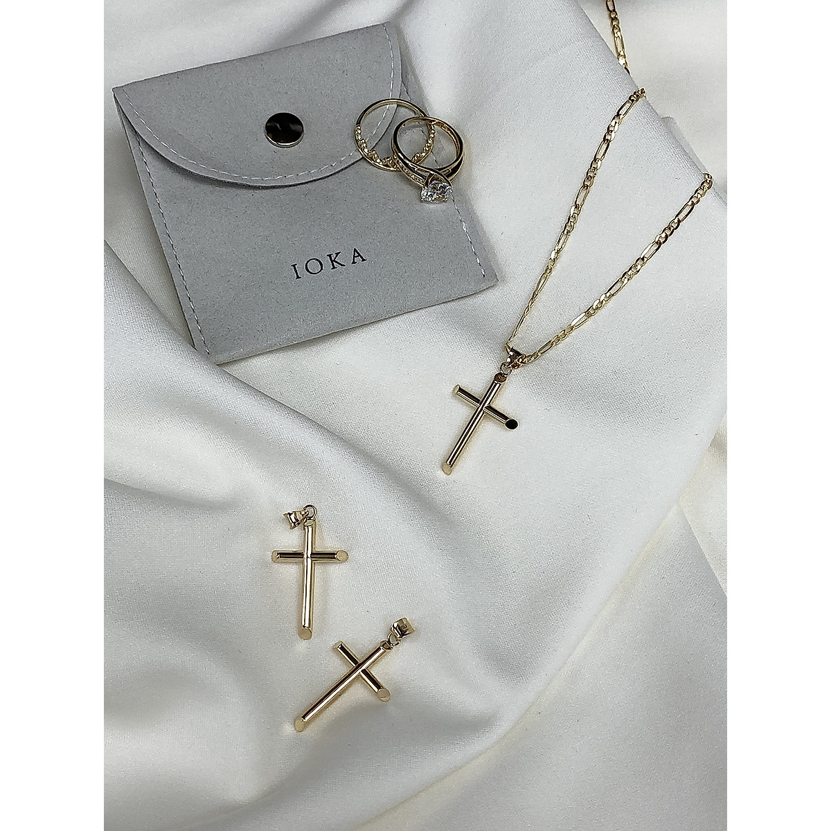14K Yellow Gold Classic Cross Pendant with 1.9mm Figaro 3+1 Chain Chain Necklace - 20"