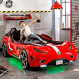Cilek GTS EV Twin Race Car Bed, Remote Control, LED Lights, EV Sound FX, Vegan Leather Interior, License Plate, Red