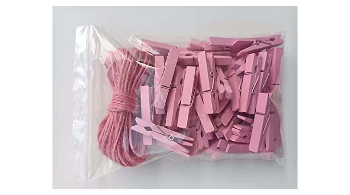 50 Pack Pink Wooden Clothespins & Jute Twine for Decor