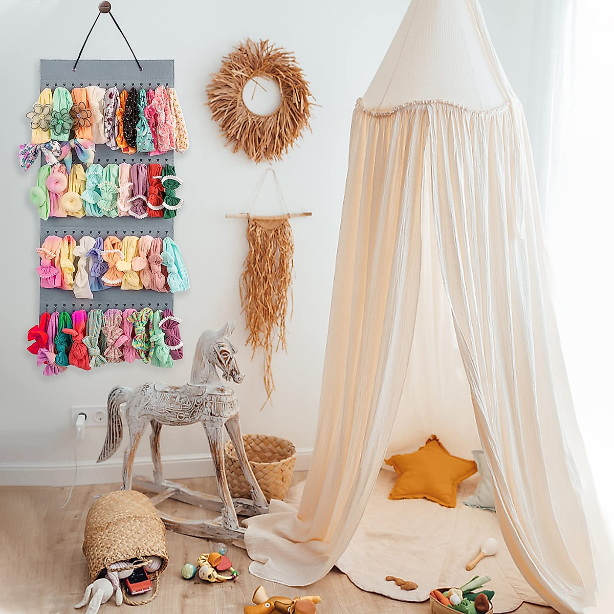 JEWERADO Headband Holder for Baby Girls Hair Bows Hanging Storage Organizer with 60 Hooks Storage for Newborn Headbands, Bow (Gray)