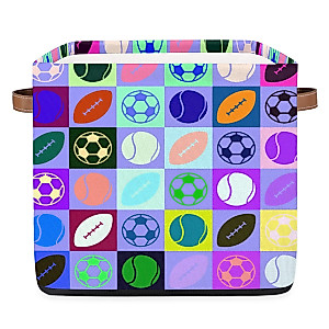 Sport Collage Cube Storage Organizer Bins 13x13 Colorful Fabric Storage Cubes Bin Foldable Baskets Square Box with Dual Plastic Handles for Shelf Nursery Cabinet Clothes Toys