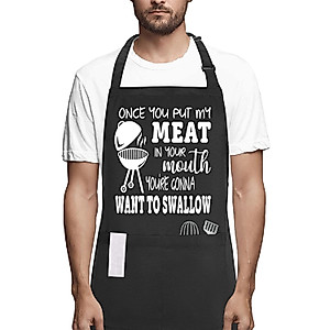 POTALKFREE Funny Gag Gifts for Men Women, Once You Put My Meat Chef Apron, BBQ Cooking Grilling Aprons with 2 Pockets, Wife Birthday Gifts from Husband, Boyfriend