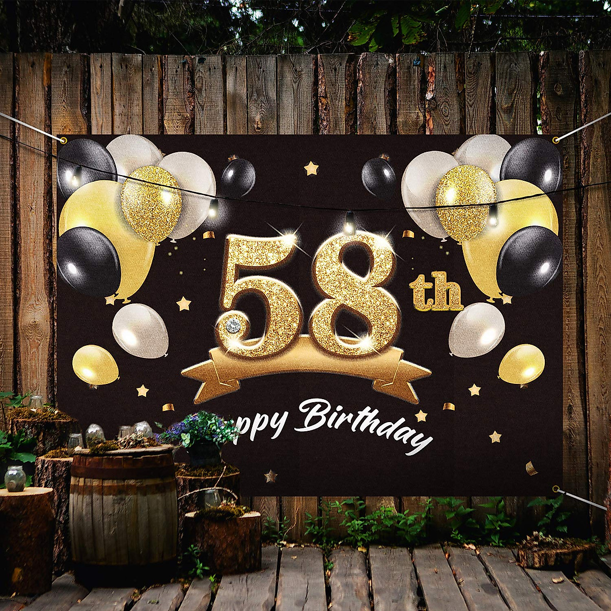 PAKBOOM Happy 58th Birthday Banner Backdrop - 58 Birthday Party Decorations Supplies for Men - Black Gold 4 x 6ft