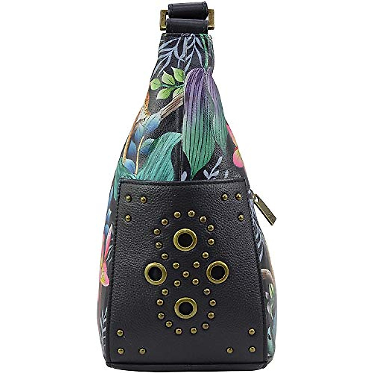 Anuschka Women's Hand-Painted Genuine Leather Classic Hobo With Studded Side Pockets - Jungle Queen