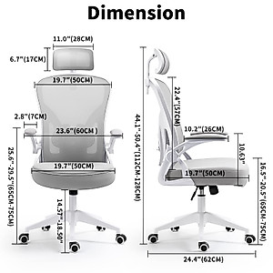 Office Chair, High Back Ergonomic Desk Chair, Thicken Large Seat, Adjustable Headrest and Lumbar Support, Comfy Computer Chair with Padded Flip-up Armrests, Swivel Task Chair, Tilt Function (Grey)