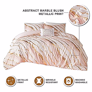 Comfort Spaces Nero Metallic Comforter Fun Print for Girls Bedroom Modern Bedding Set, All Season Cover, Matching Sham, Full/Queen(90"x90"), Abstract Marble Blush 4 Piece