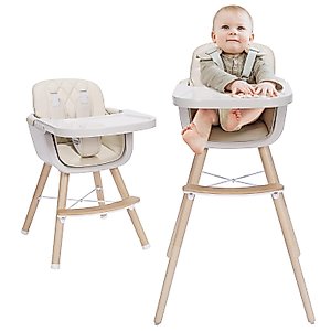 3-in-1 Convertible Wooden High Chair,Baby High Chair with Adjustable Legs & Dishwasher Safe Tray, Made of Sleek Hardwood & Premium Leatherette, Cream Color