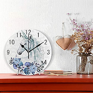 Unicorn Silent Round Wall Clock,Flowers Non-Ticking Decorative Battery Operated Quiet Clock for Living Room Home Office School Kitchen,Small, 9 Incl Desk Clock