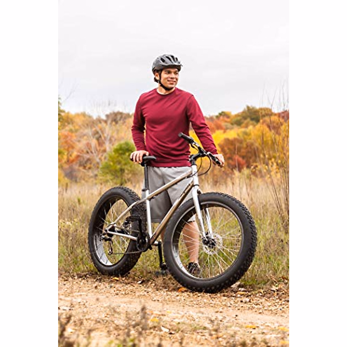 Mongoose Malus Mens and Womens Fat Tire Mountain Bike, 26-Inch Bicycle Wheels, 4-Inch Wide Knobby Tires, Steel Frame, 7 Speed Drivetrain Bicycle, Shimano Rear Derailleur, Disc Brakes, Silver/Black