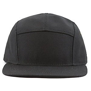 The Hat Depot Made in USA 5 Panel Genuine Leather Brass Closure Flat Brim Biker Cap (Black)