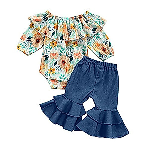 VISGOGO Baby Bell Bottoms Toddler Newborn Girl Outfits Fall Winter 3 6 9 12 18 Months Floral Print Flare Pants for Girls (Dark Blue, 0-3 Months)