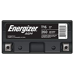 Energizer T16 AGM Motorcycle and Personal Water Craft 12V Battery, 260 Cold Cranking Amps and 19 Ahr. Replaces: T16 and others, Black