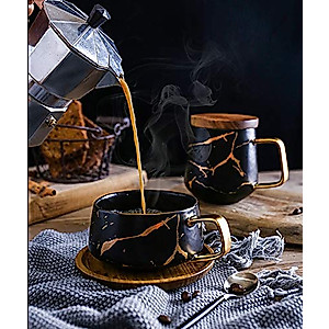 Jusalpha 10 oz Golden Hand Print Tea Cup And Saucer Set/Coffee Cup And Bamboo Saucer Set TCS19 (Black)