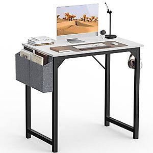 SMUG Computer Desk 32 Inch Home Office Writing Wood Desk Storage Bag & Headphone Hook Small Spaces Simple Bedroom Work Study Kids Table, White