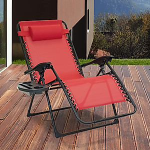 Sun-Ray Oversized Patio Chair with Leg Stabilizers and Big Cupholder, Adjustable Zero Gravity Folding Reclining Outdoor Chair with Pillow, Ruby Red