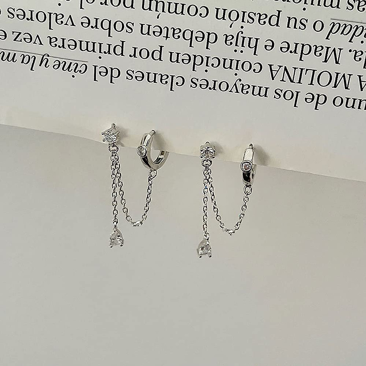 Cute Teardrop CZ Charm Threader Chain Cuff Dangle Drop 925 Sterling Silver Small Hoop Round Cubic Zirconia Stud Double Piercing Cartilage Earrings for Women Dainty Huggie Hoops Short Tassel Dangling Two Holes Climber Crawler Hypoallergenic Jewelry Gifts B