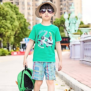 LMYOVE Toddler Boy Short Set Little Boy Clothes Casual CrewNeck Short Sleeve T-Shirt and Short Sets Summer Beach Outfits (5T Green Airplane)