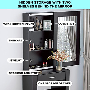 PHPMFTOS Makeup Vanity Desk with Mirror and Stool Bedroom Dressing Table with Storage Shelves Drawer Vanity Set for Women (Black)