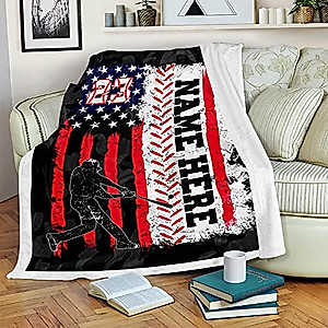 TEEMAN Personalized Baseball Blanket for Boy, American Flag Throw Blanket, Custom Name Number Baseball Gifts for Boys 8-12, Gift for Sport Baseball Player and Lover on Birthday, Baseball Season