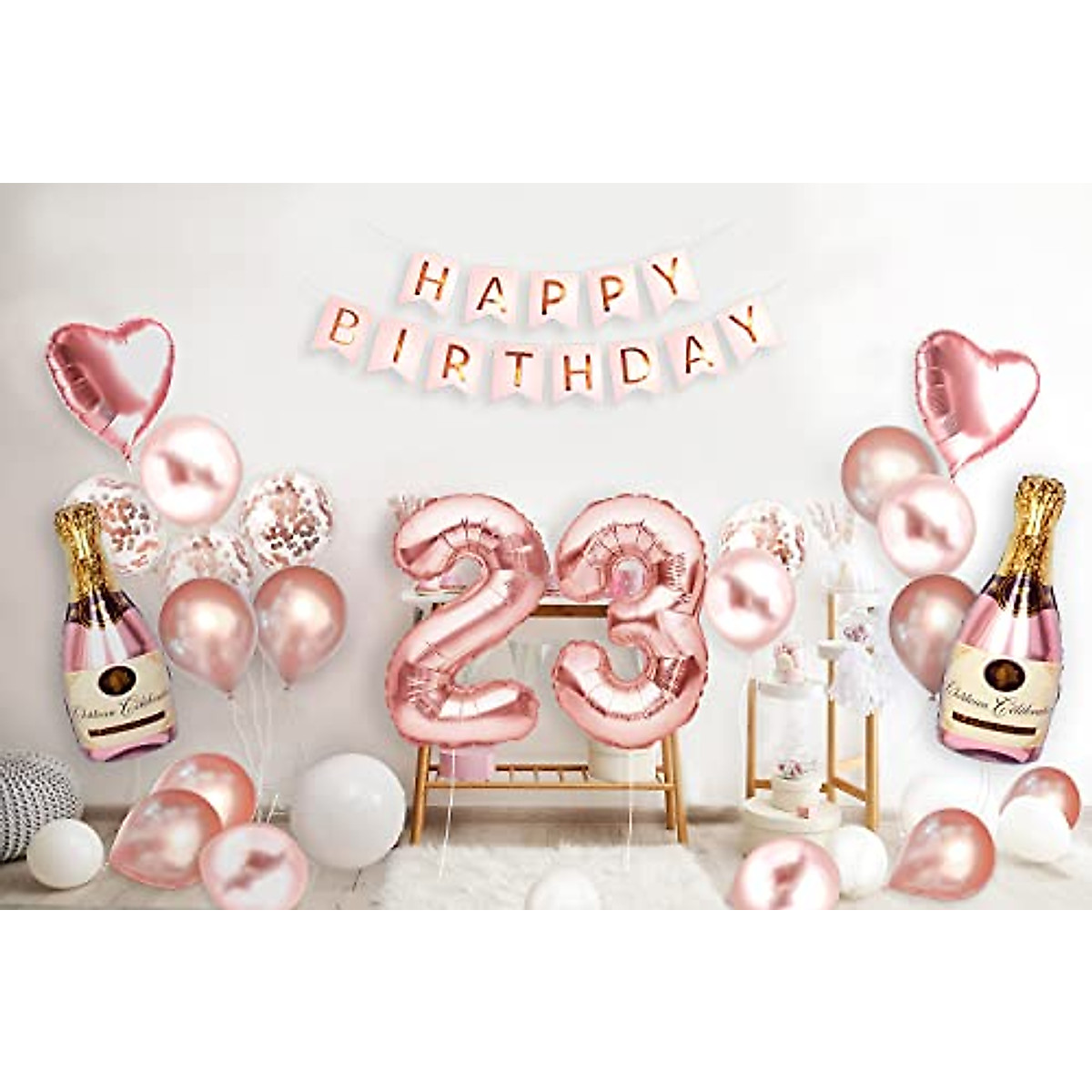 23rd Birthday Party Decorations Rose Gold Supplies Big Set for Women with Birthday Banner and "23" Digit Balloon for Her Including Latex and Confetti Balloons
