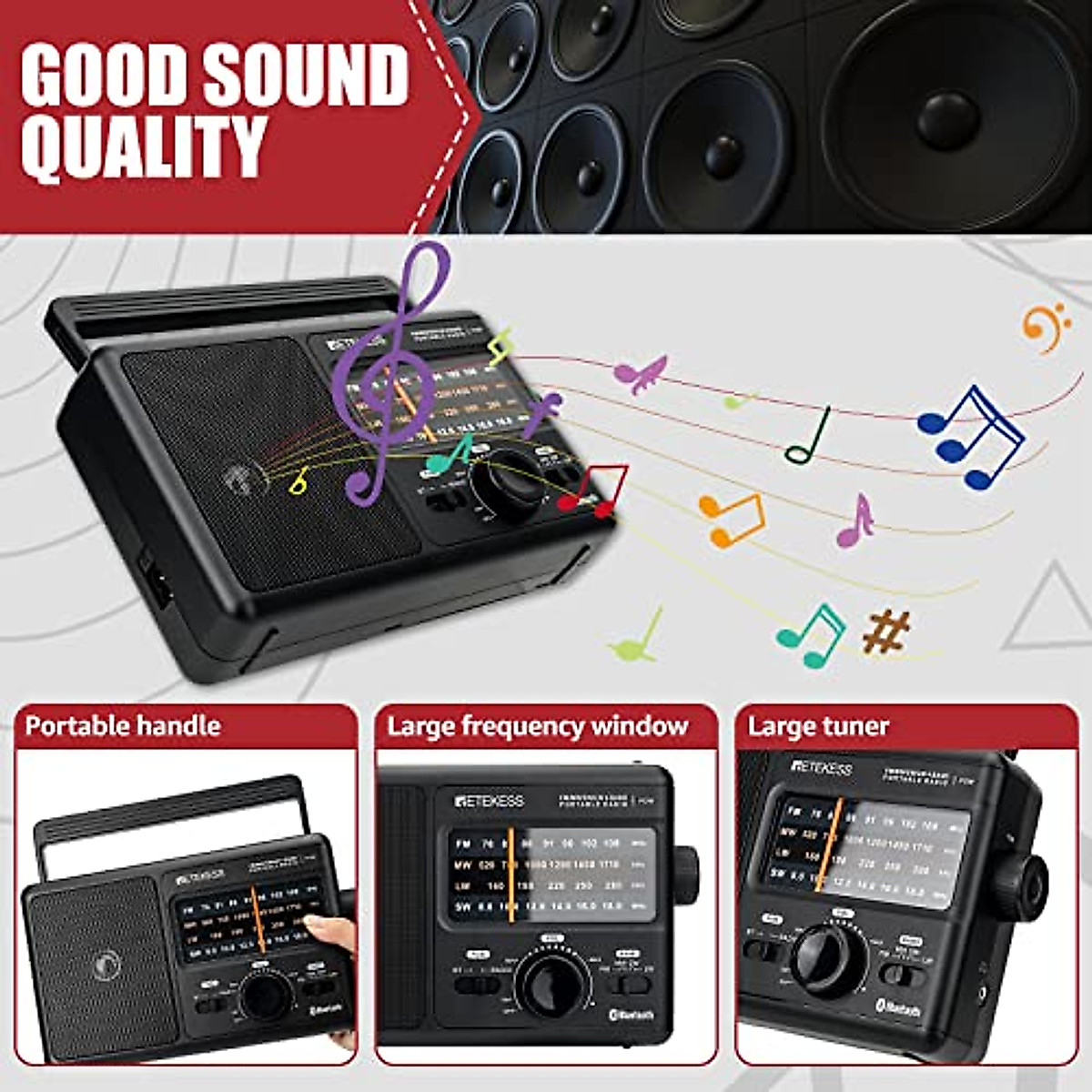 Retekess TR626 Portable AM FM Radio with Bluetooth, Plug in Radio, LW, DSP chip,Powered by AC or D Battery, Short Wave Radios for Garages,Home,Outdoors