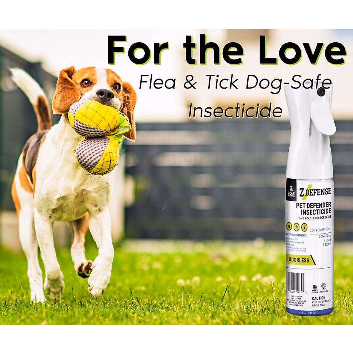 Protect Your Dog; Z-Defense Pet Defender Permethrin Insecticide, 10oz Non-Aerosol, Sprays Upside Down. Permethrin 0.5% Kills Ticks, Fleas, Mosquitoes, Spiders, Ants and Other Insects.