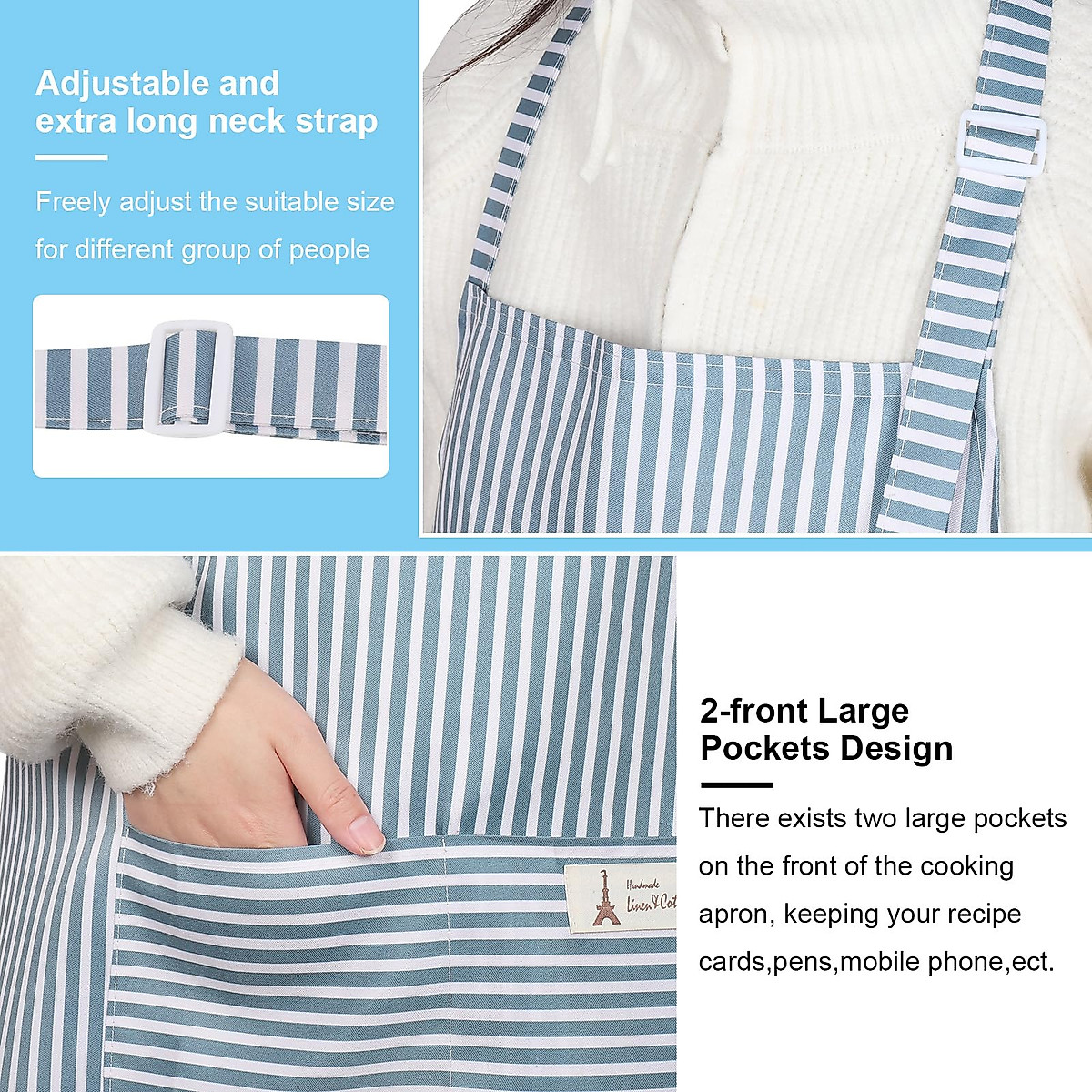 XLSXEXCL 4 Pack Stripes Apron for Women, Waterproof Kitchen Cooking Apron with 2 Pockets Adjustable Chef Apron Baking Aprons Bib Aprons Artist Apron for Cooking, Cleaning, Painting, Serving
