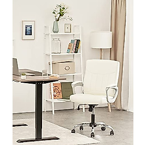 CLATINA Leather Office Executive Chair, Mid Back Computer Desk Chair with Lumbar Support and Padded Armrests, Ergonomic Adjustable Swivel Chair for Home, White