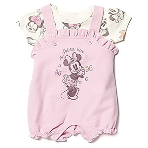 Disney Minnie Mouse Infant Baby Girls French Terry Short Overalls T-Shirt and Hat 3 Piece Outfit Set Pink 18 Months