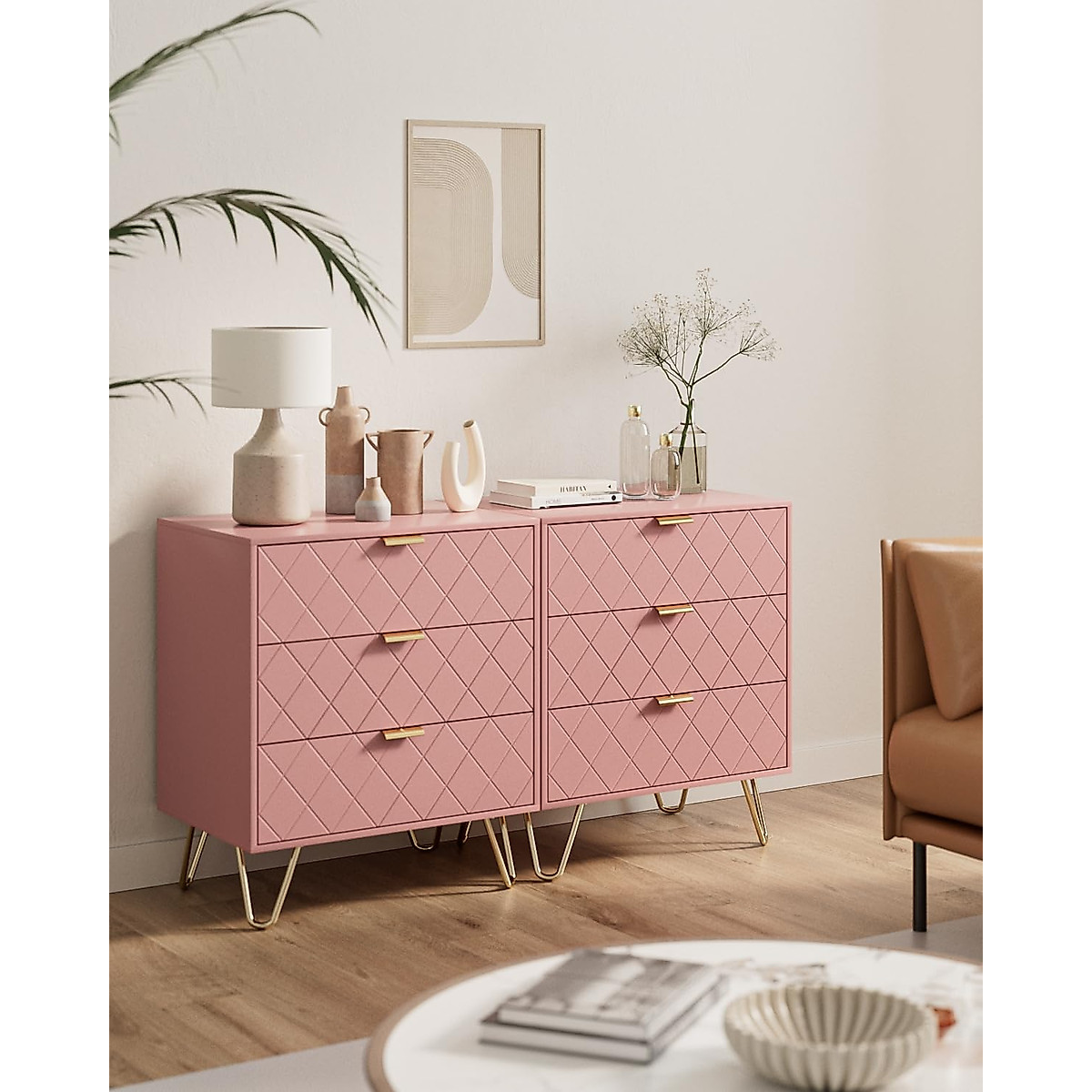 Aobafuir 3 Drawer Dresser for Bedroom, Modern Closet Dressers Chest of Drawers, Storage Dresser Chest Cabinet Organizer Unit, Small Fluted Dresser for Bedroom (Pink Diamond)