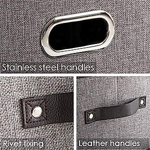 PRANDOM Large Foldable Storage Bins for Shelves [3-Pack] Decorative Linen Fabric Storage Baskets Cubes with Leather/Metal Handles for Closet Nursery Office Grey and Black Trim (14.9x9.8x8.3 Inch)